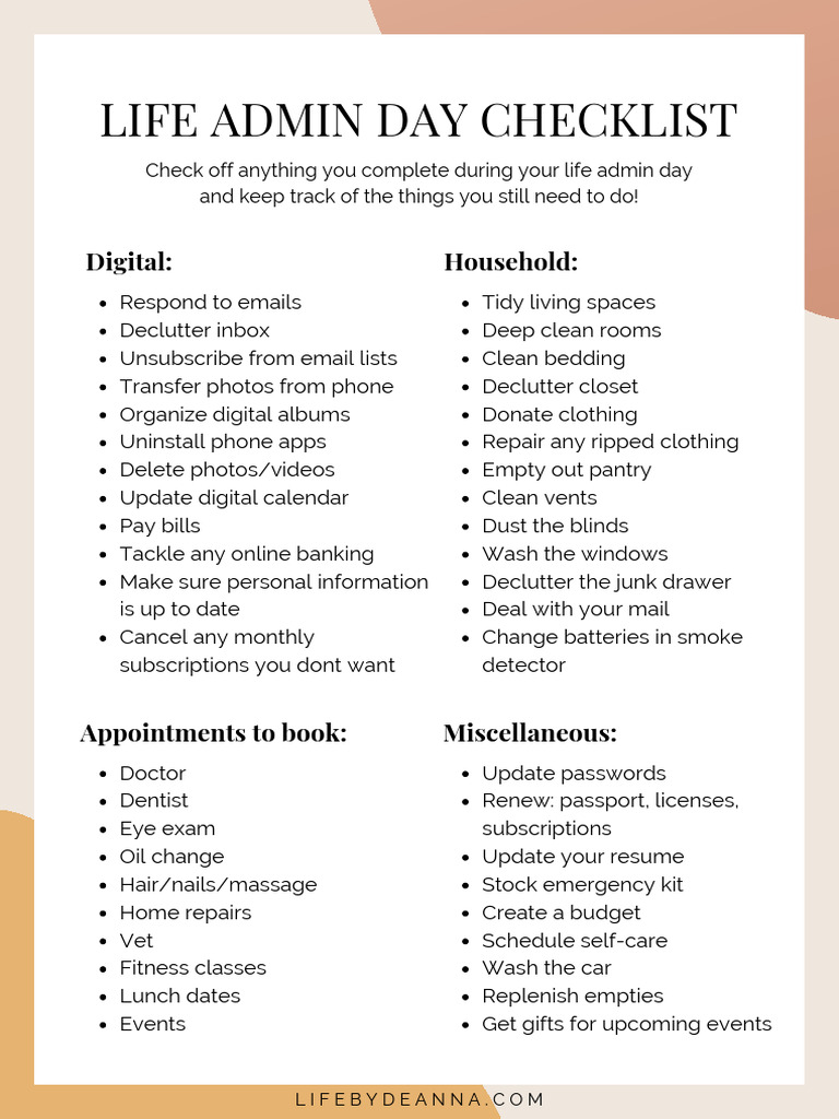 Life Admin Day Checklist Guide | PDF