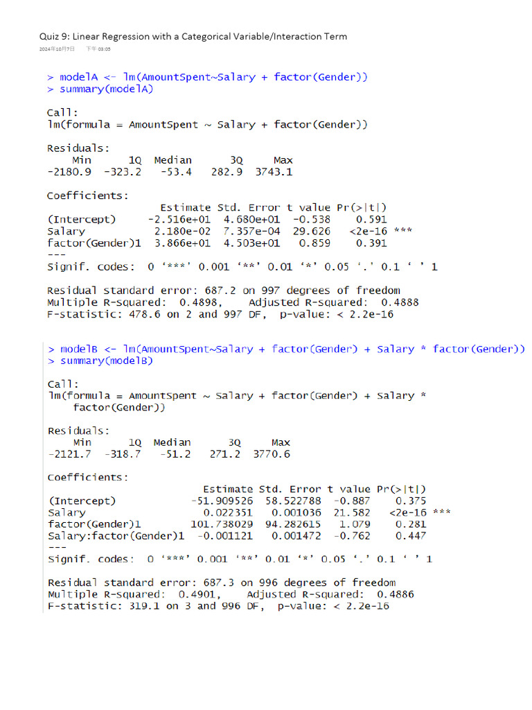 Quiz Linear Regression With A Categorical VariableInteraction Term | PDF