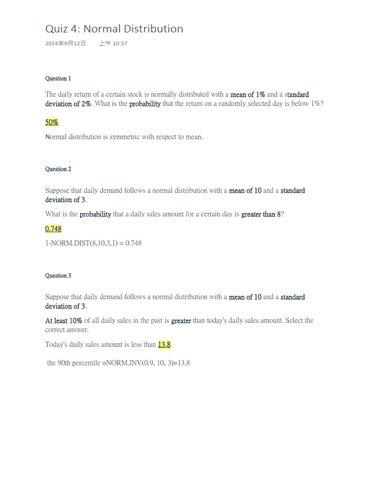 Normal Distribution Quiz | PDF