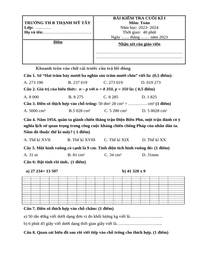 Khối 4B - Đe thi CKI Toan | PDF