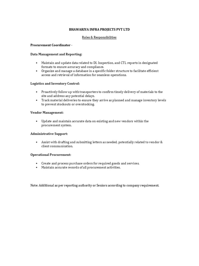 JD - Coordinator - Procurement | PDF