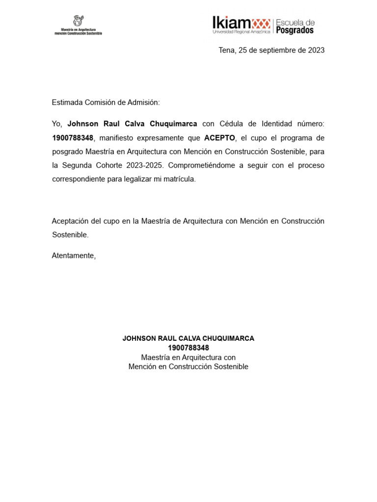 CARTA DE ACEPTACIÓN DE CUPO | PDF