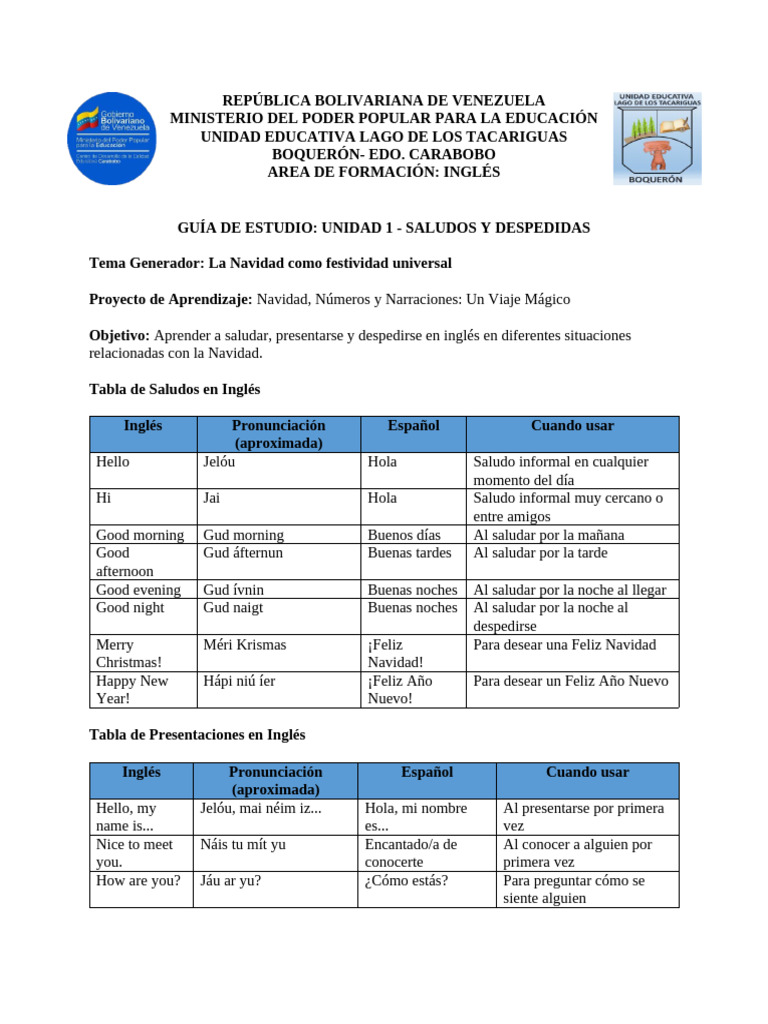 Guía de Estudio Unidad 1 - Saludos y Despedidas | PDF
