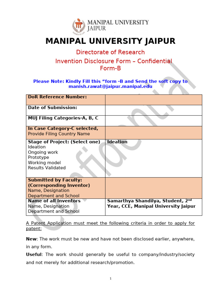 Patent Application - Form-B - InventionDisclosureForm - Review Purpose - MUJ - Modified | PDF ...