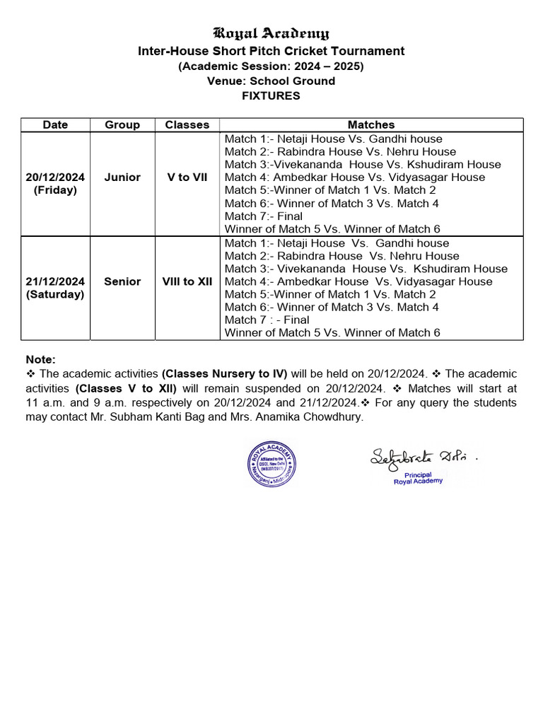 Inter House Short Pitch Cricket Tournament 2024 2025 FIXTURE PDF