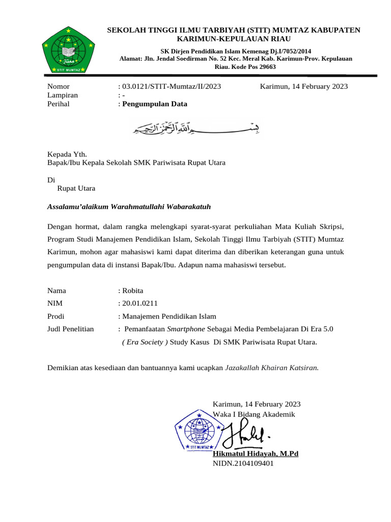 Surat Izin Observasi Robita | PDF