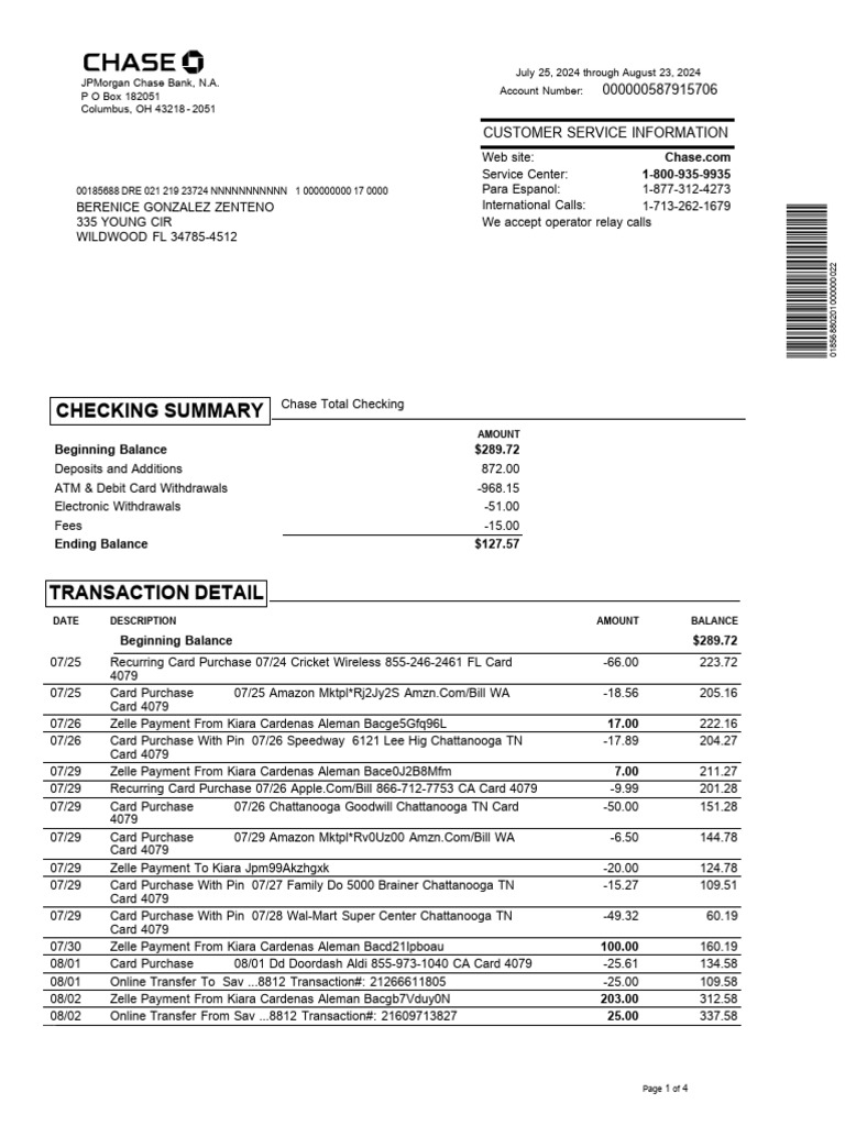 Chase Bank Account Statement Summary | PDF | Payments | Debit Card