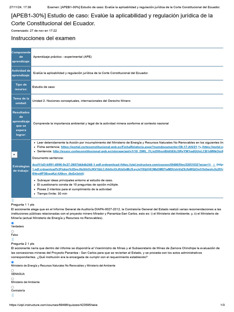 Examen - (APEB1-30%) Estudio de Caso - Evalúe La Aplicabilidad y Regulación Jurídica de La Corte ...