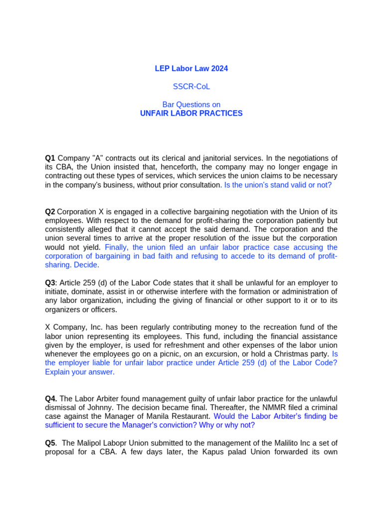 BAR Q ULP 2024 | PDF | Unfair Labor Practice | Employment