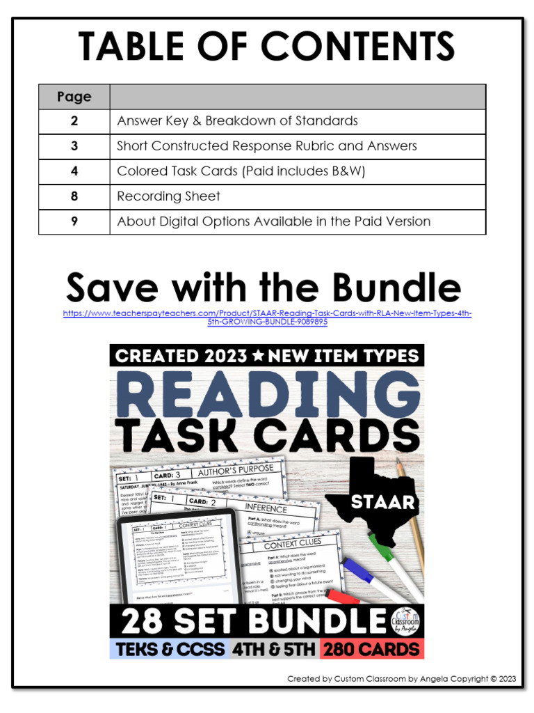 STAAR20ReadingLanguageArtsTaskCardswithNewItemTypes4th5thFREE 1 | PDF ...