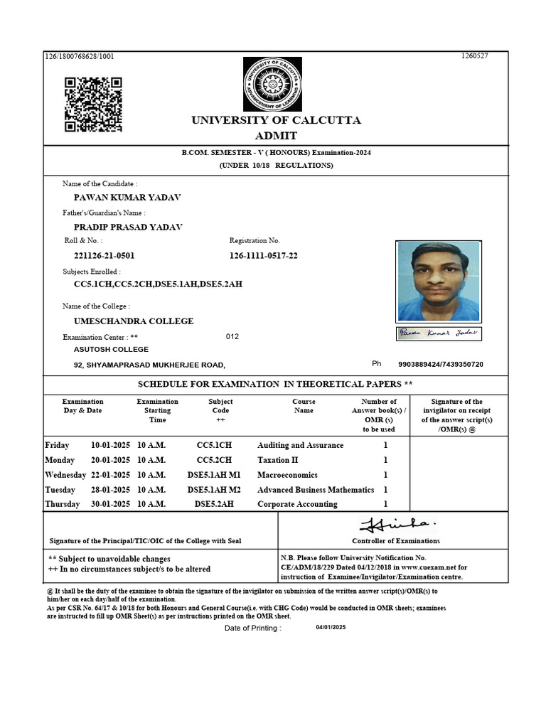 University of Calcutta admit card | PDF