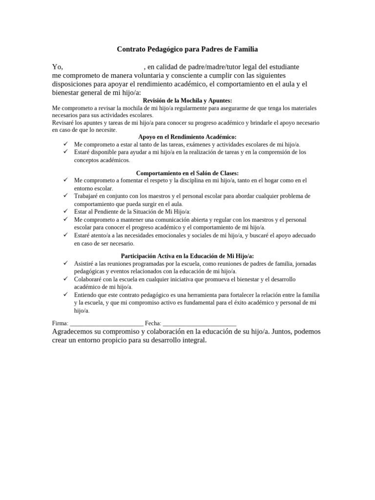 Contrato Pedagógico para Padres de Familia | PDF | Escuelas ...