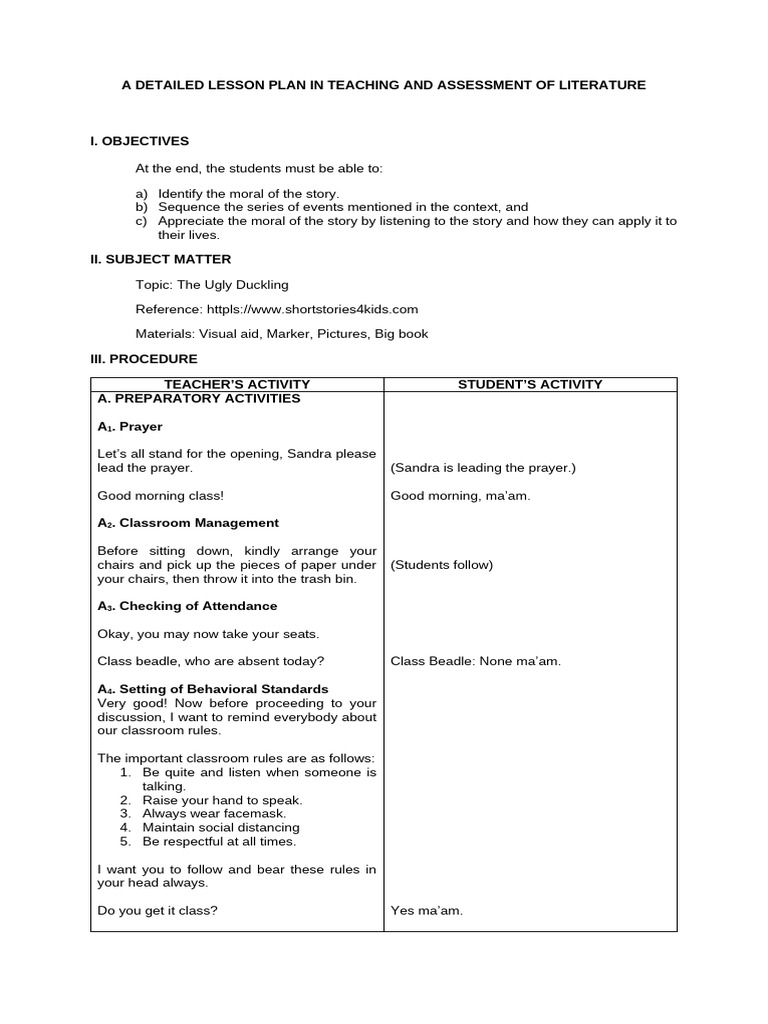 A Detailed Lesson Plan in Teaching and Assessment of Literature | PDF ...