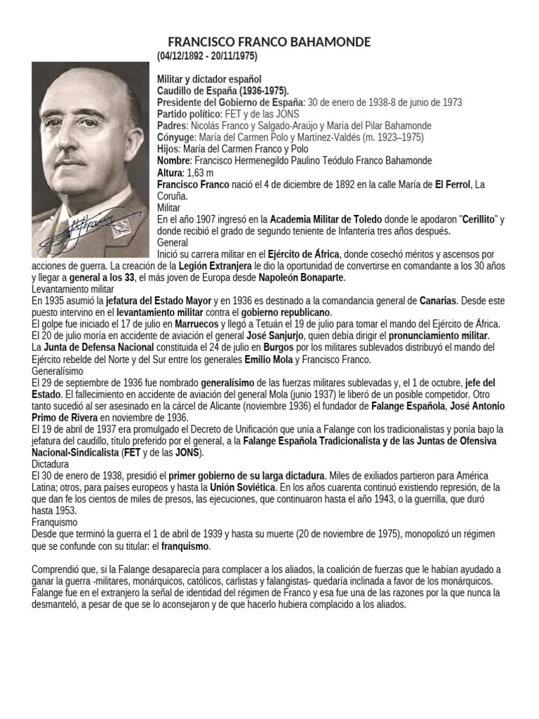 Biografias de FRANCISCO FRANCO BAHAMONDE Lázaro Cárdenas Del Río | PDF ...