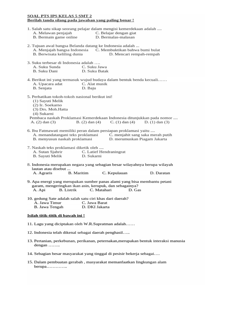 Soal PTS Ips Kelas 5 SMT 2 | PDF