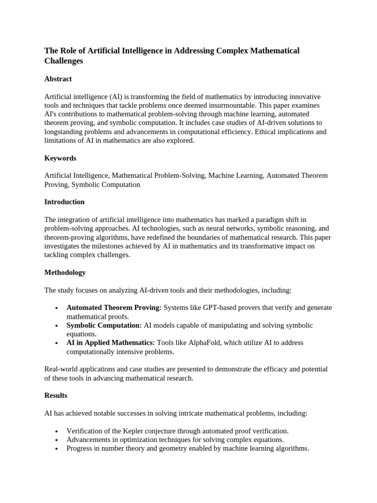 The Role of Artificial Intelligence in Addressing Complex Mathematical Challenges | PDF ...