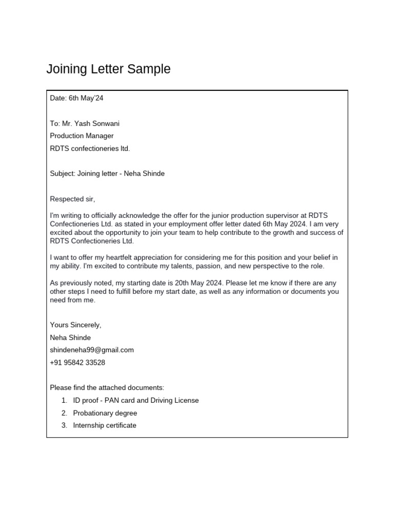 Joining Letter Sample 2 | PDF