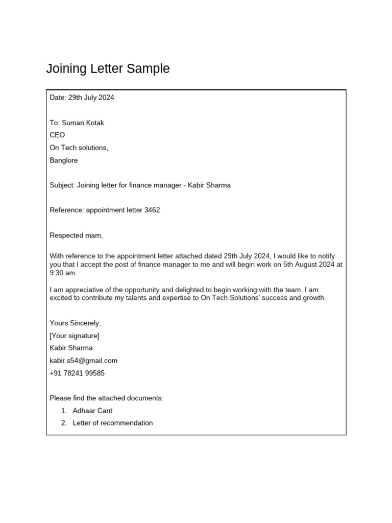 Joining Letter for Finance Manager | PDF