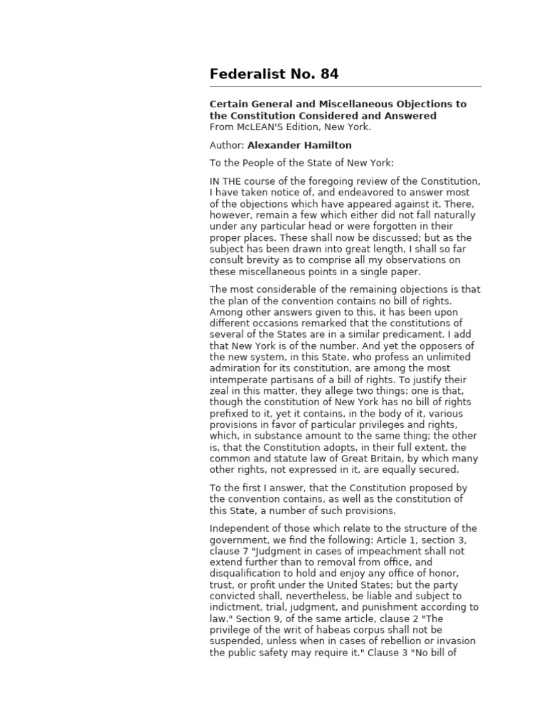 Federalist Papers - 84 and 51 | PDF | Article One Of The United States ...