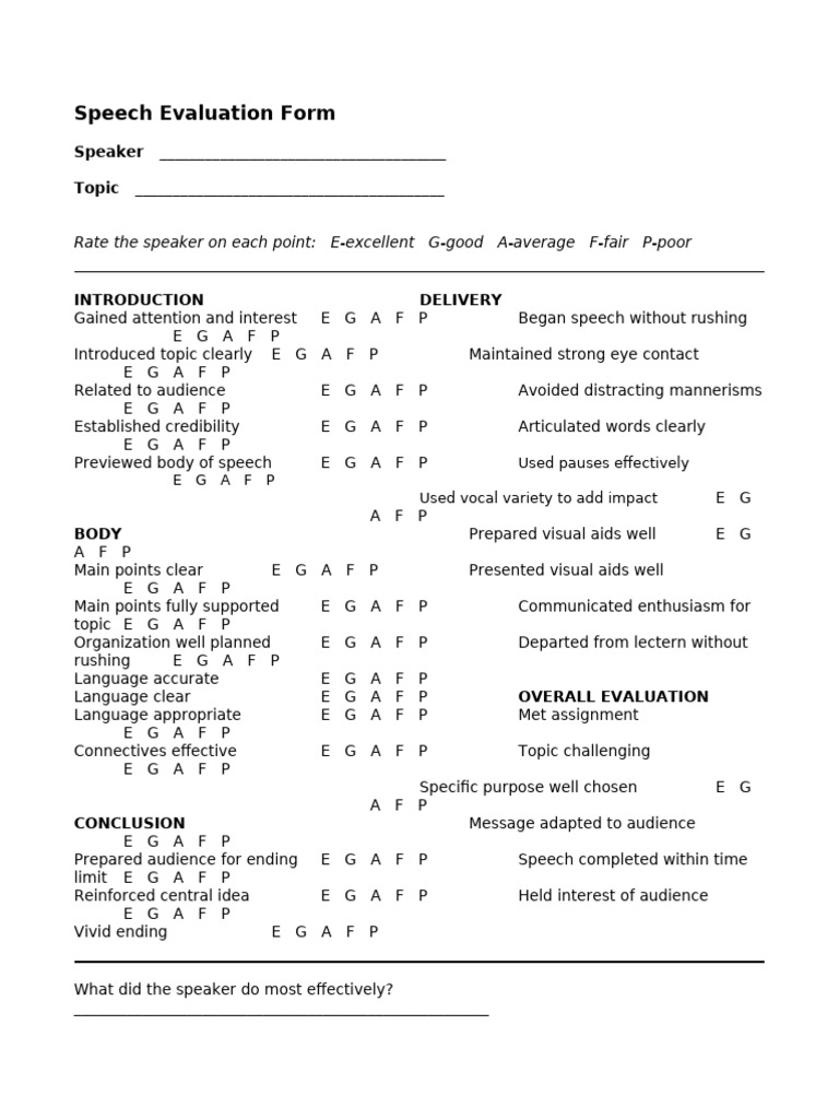 1.1 Speech Evaluation Form x6 | PDF | Speech | Psychological Concepts