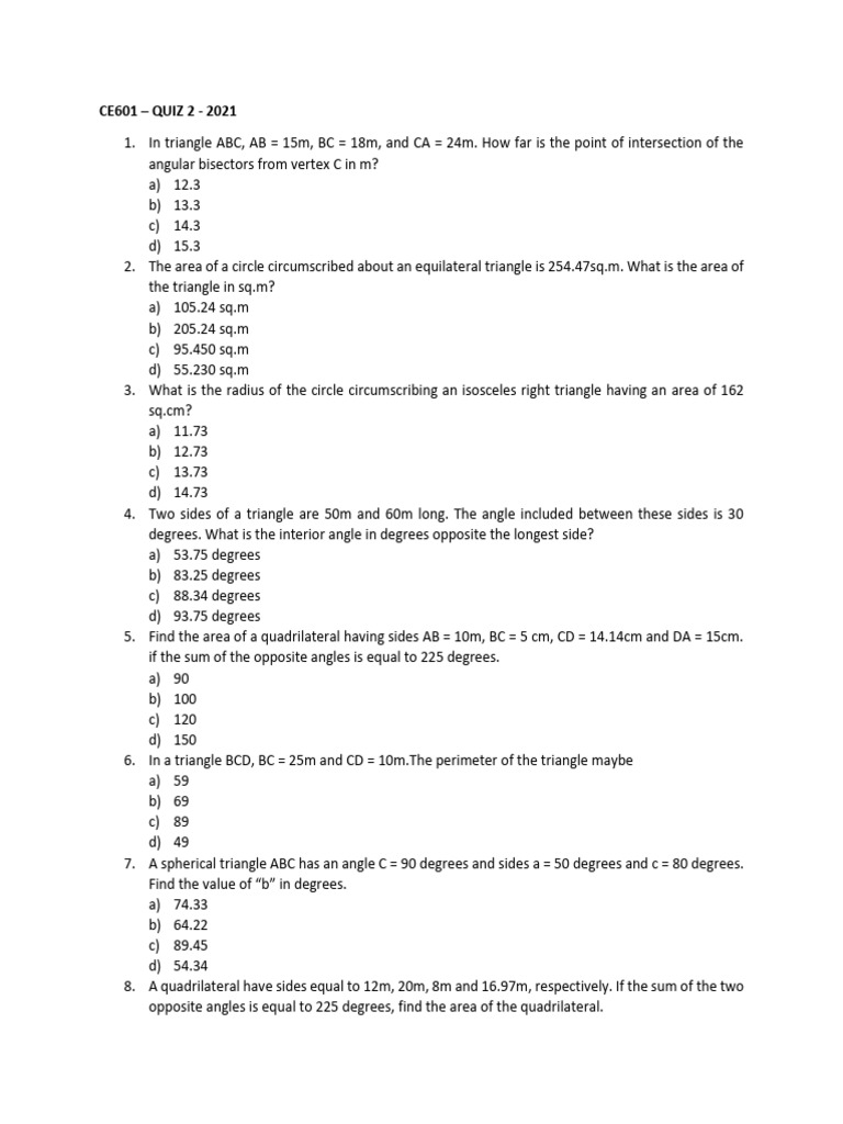 CE601-QUIZ 2 - 2021 | PDF | Area | Triangle