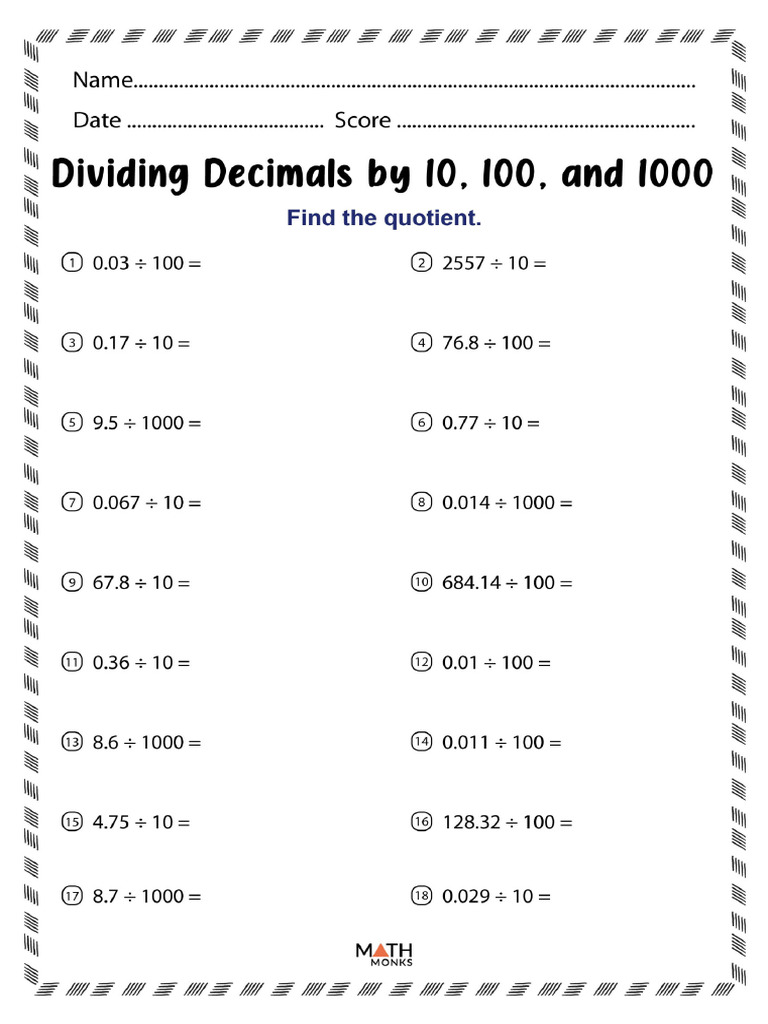 Dividing Decimals by 10 100 and 1000 Worksheet | PDF