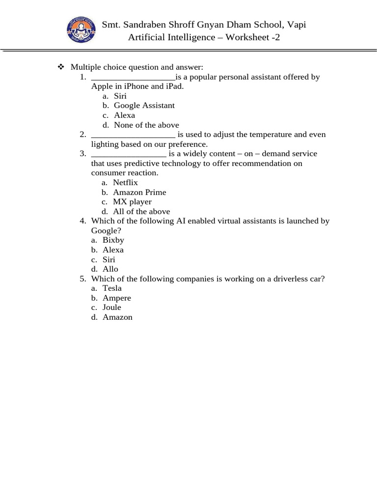 AI Worksheet for Students: MCQs | PDF