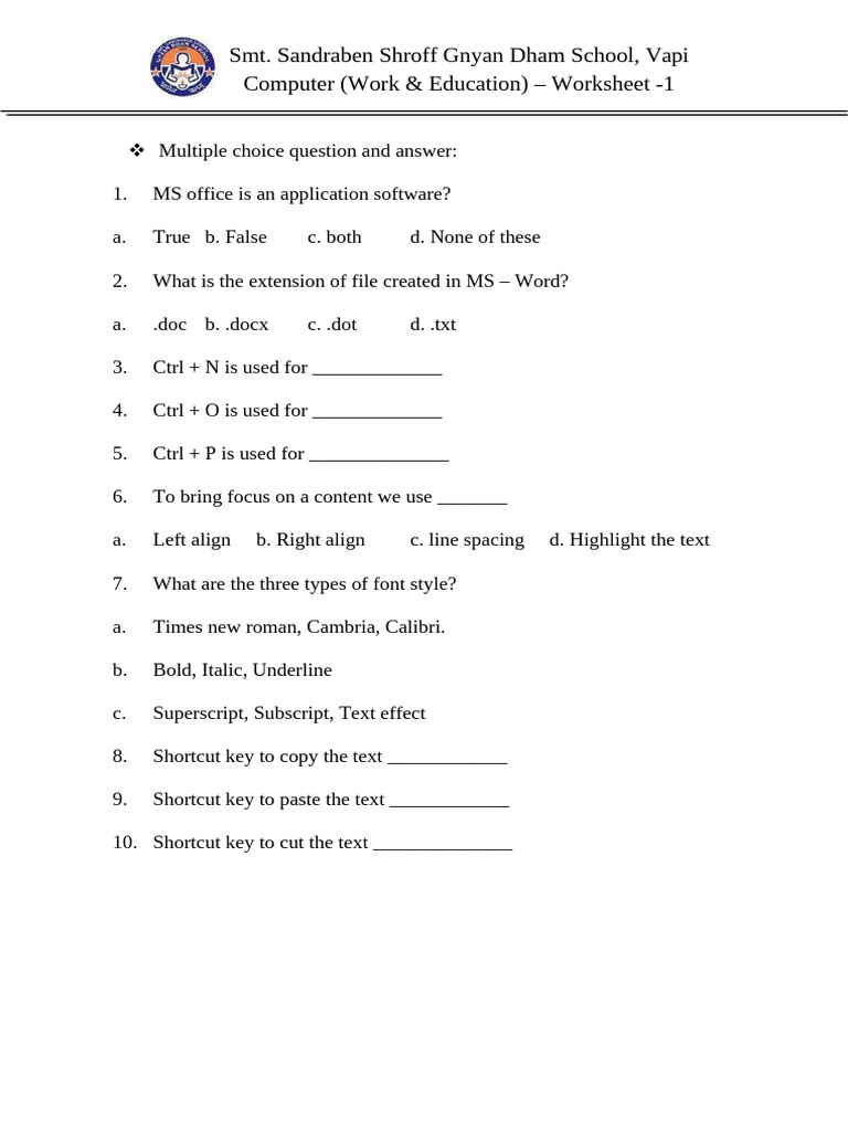 MS Word Worksheet - 1 | PDF