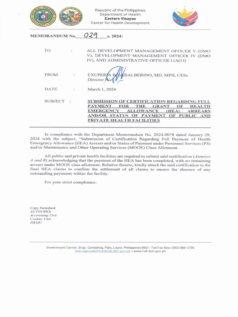 Memo 029 Submission of Certification Re Full Payment of HEA Arrears | PDF