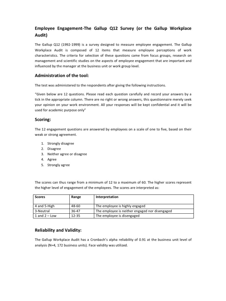 Gallup Employee Engagement Questionnaire | PDF | Validity (Statistics ...