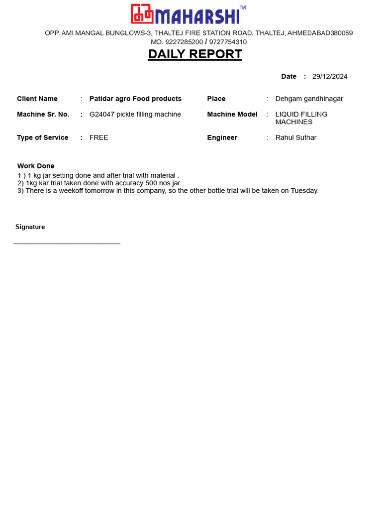 Daily Report of Rahul Suthar For Machine No.G24047 Pickle Filling ...