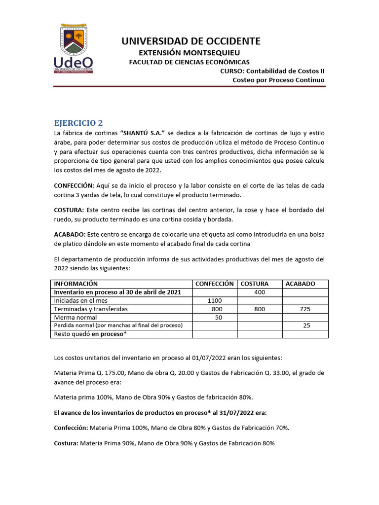 Costeo por Proceso en SHANTÚ S.A. | PDF | Economias