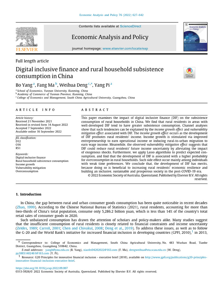 Yang (2022) Digital Inclusive Finance Andrural Household Subsistence ...