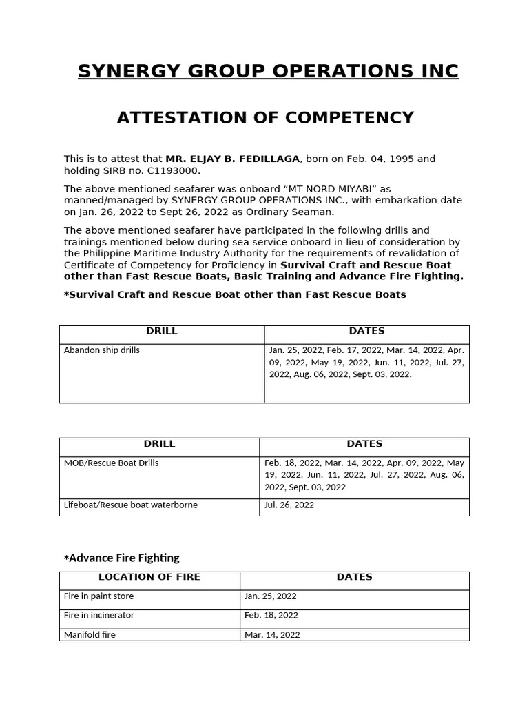 Seafarer Competency Attestation Document | PDF | Watercraft | Ships