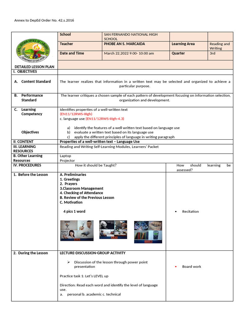 LP For CO Reading and Writing | PDF | Learning | Lesson Plan