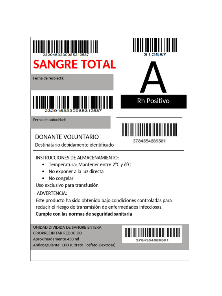 Etiqueta para Una Bolsa de Sangre PDF | PDF