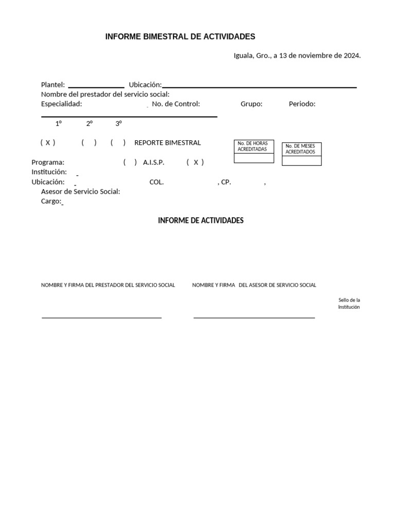 FORMATO DE REPORTE BIMESTRAL SS | PDF