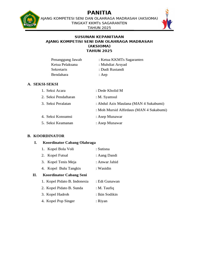 Susunan Kepanitiaan Aksioma KKMTs Sagaranten | PDF
