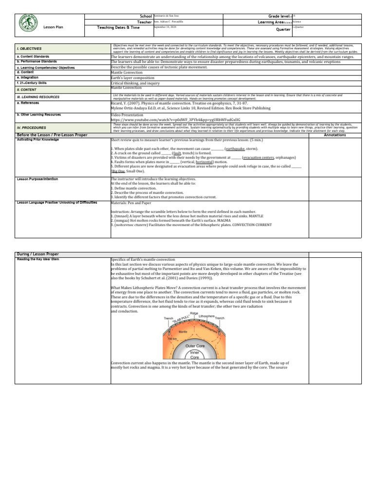Science 10 Lesson Plan | PDF | Convection | Plate Tectonics
