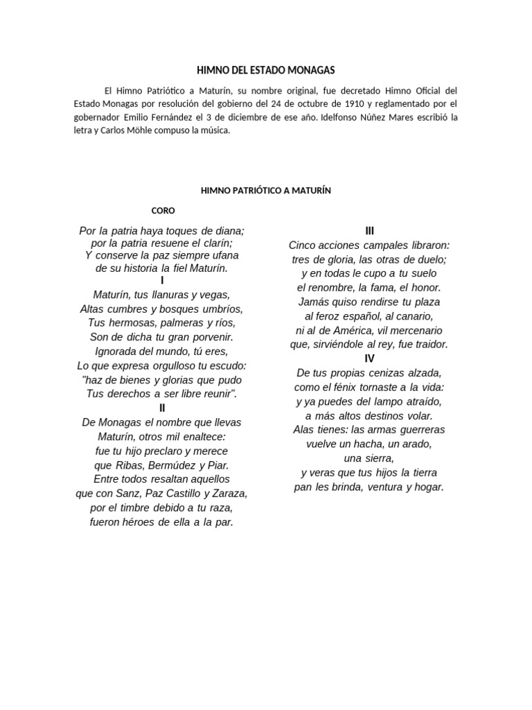 Himno Del Estado Monagas | PDF | Himnos | Canciones institucionales