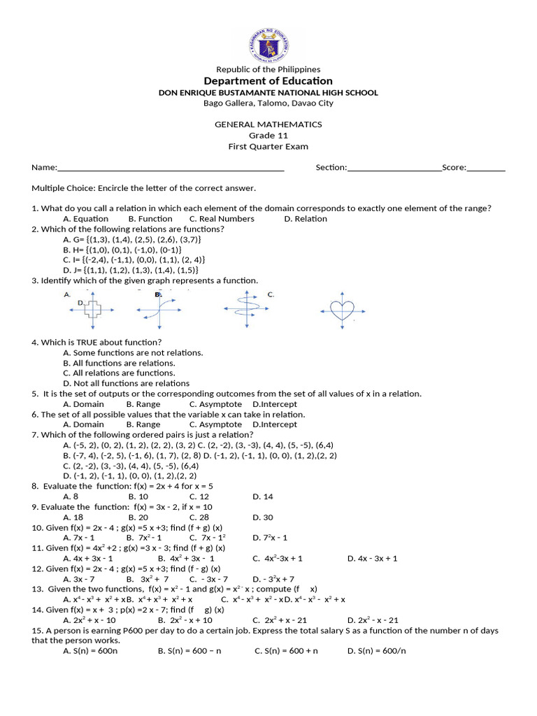 Grade 11 - First Quarter Exam | PDF | Function (Mathematics ...