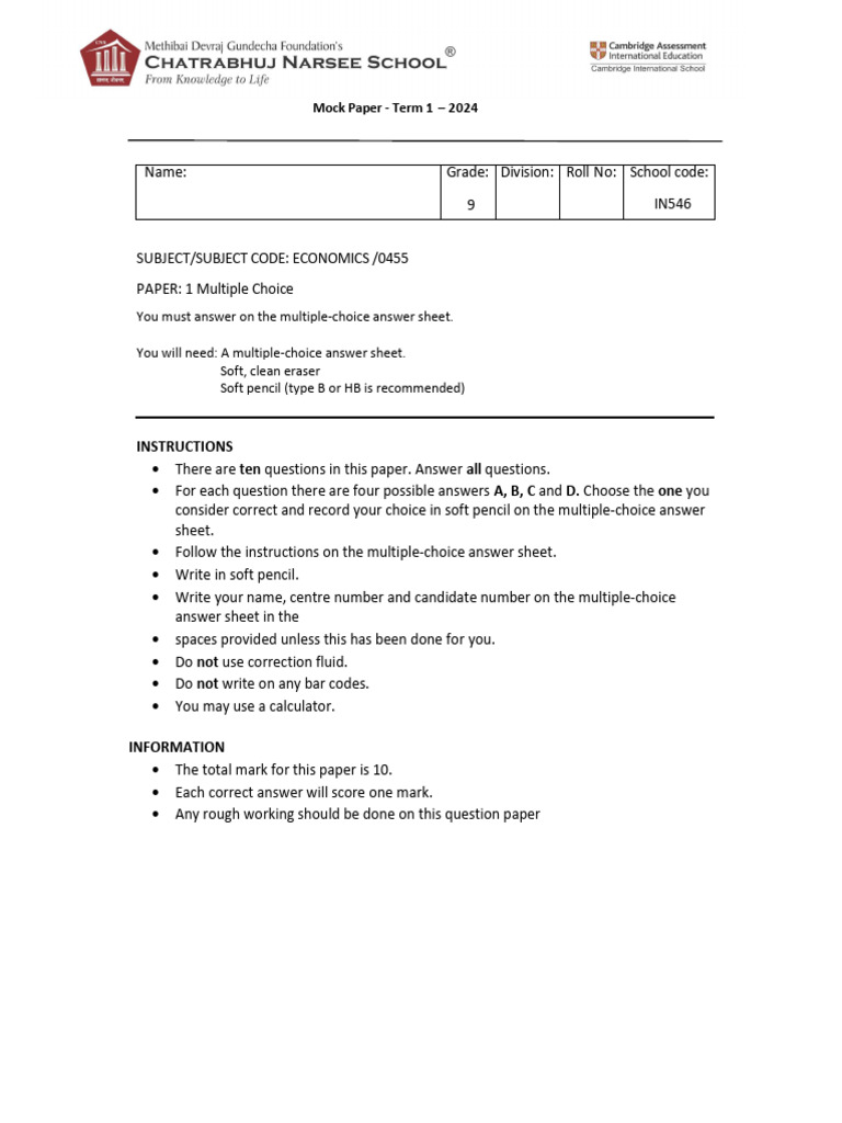 Grd9 - Eco - Practice Paper1 | PDF | Demand | Supply (Economics)