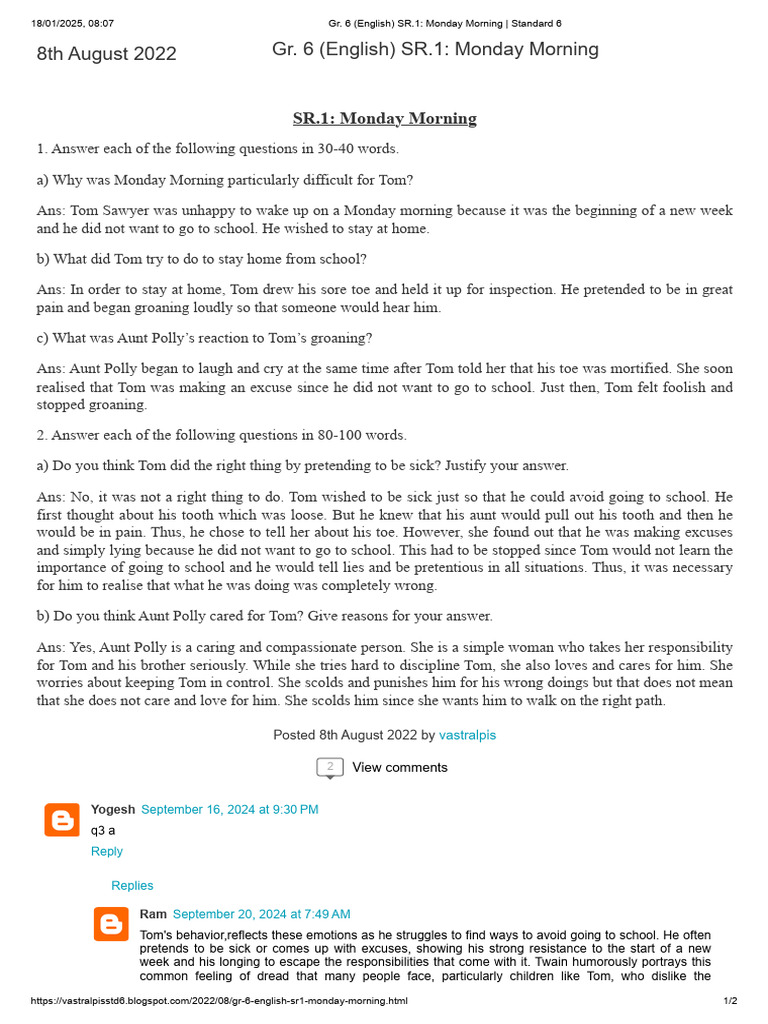 Gr. 6 (English) SR.1_ Monday Morning _ Standard 6 | PDF