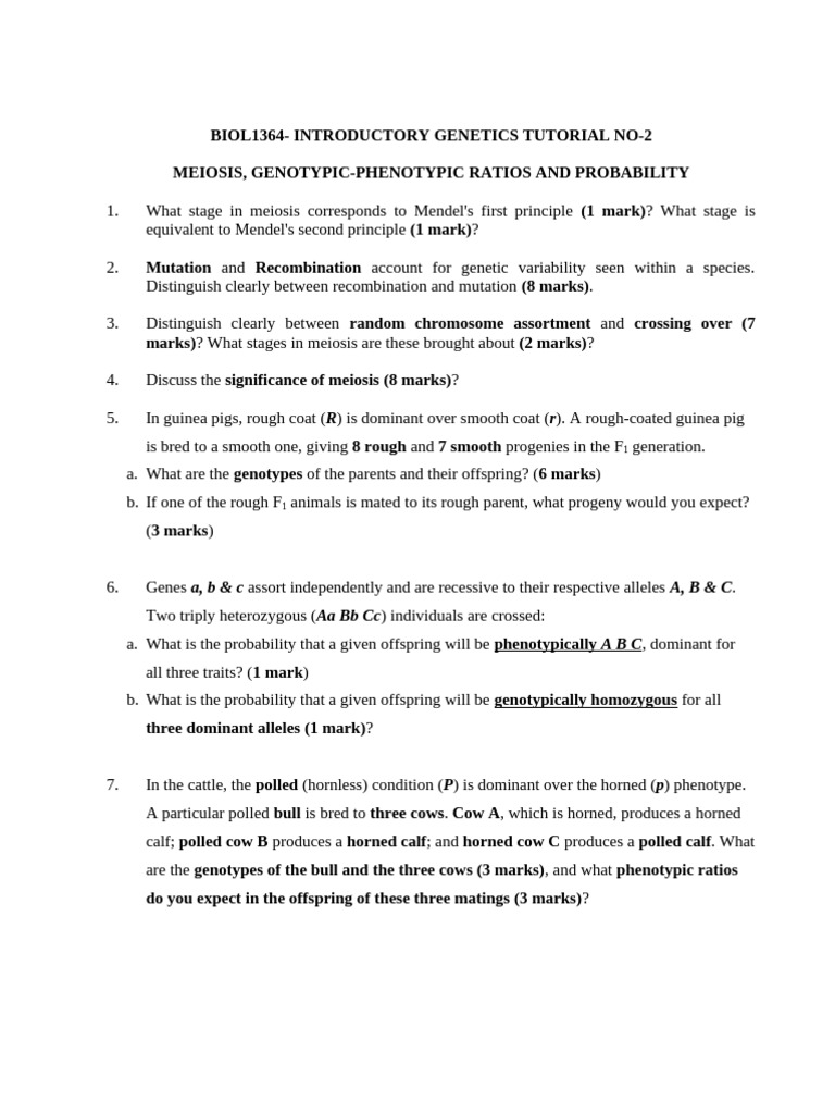BIOL1364 Tutorial 2 Meiosis, Mendelian Ratios and Probability 2024 ...