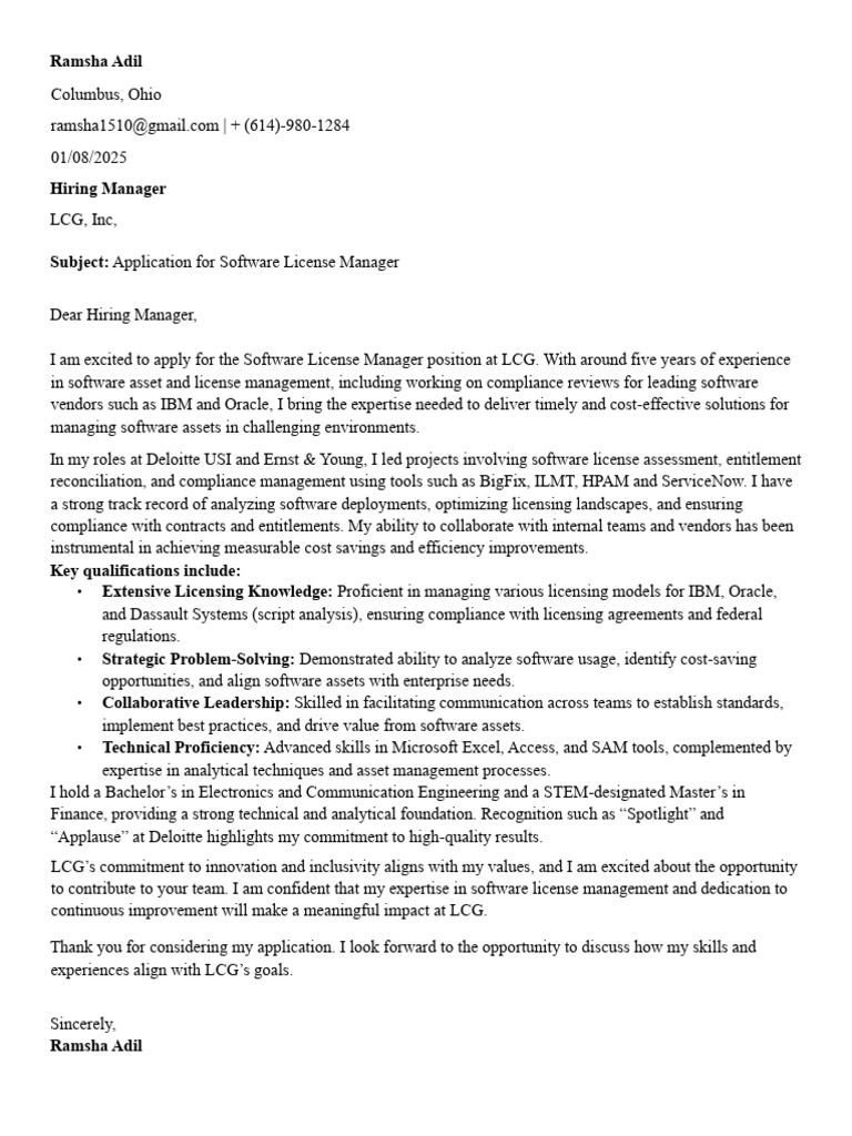 Ramsha Adil - Cover Letter | PDF | Software | Regulatory Compliance