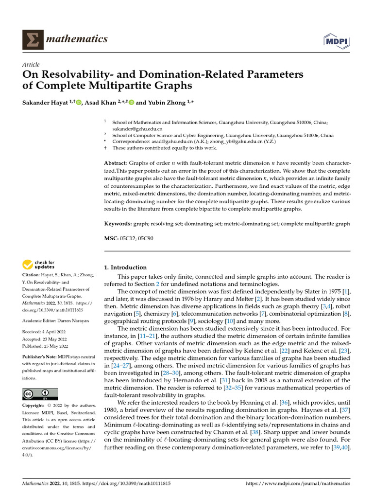 On Resolvability - and Domination-Related Parameters of Complete Multipartite Graphs | PDF ...