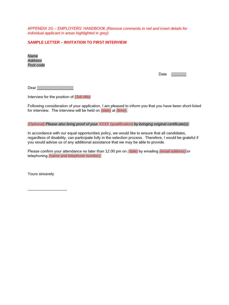 2G Sample Letter of Invitation To First Interview | PDF