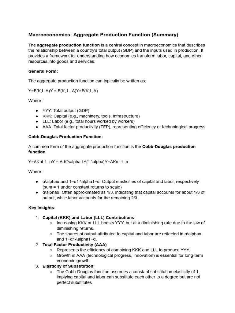 Macroeconomics_ Aggregate Production Function (Summary) | PDF