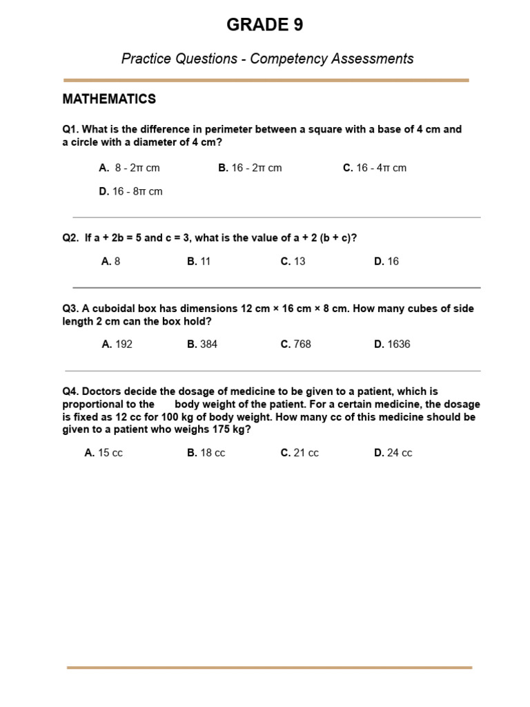 Grade 9 - Practice Questions - Competency Assessments - Set 4 | PDF ...