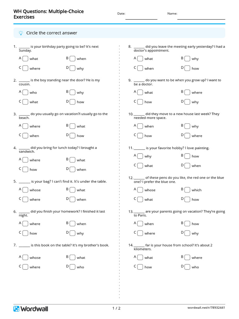 WH Questions Multiple Choice Exercises Quiz | PDF